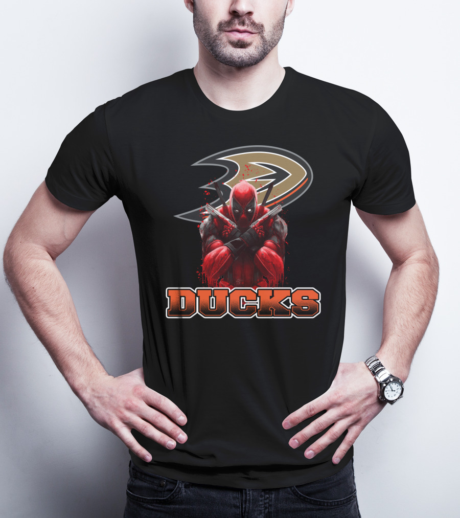 Anaheim Ducks And Deadpool Mashup Featuring Iconic Logo And Comic Character T-Shirt