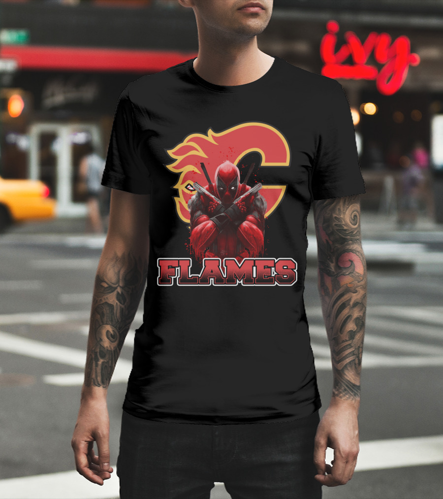 Calgary Flames Crossover With Deadpool Character Fan T-Shirt