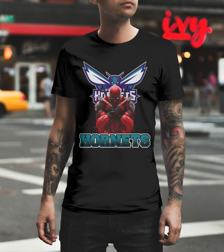 Charlotte Hornets Deadpool Crossover Fan Art Displaying Iconic Marvel Antihero With NBA Team T-Shirt