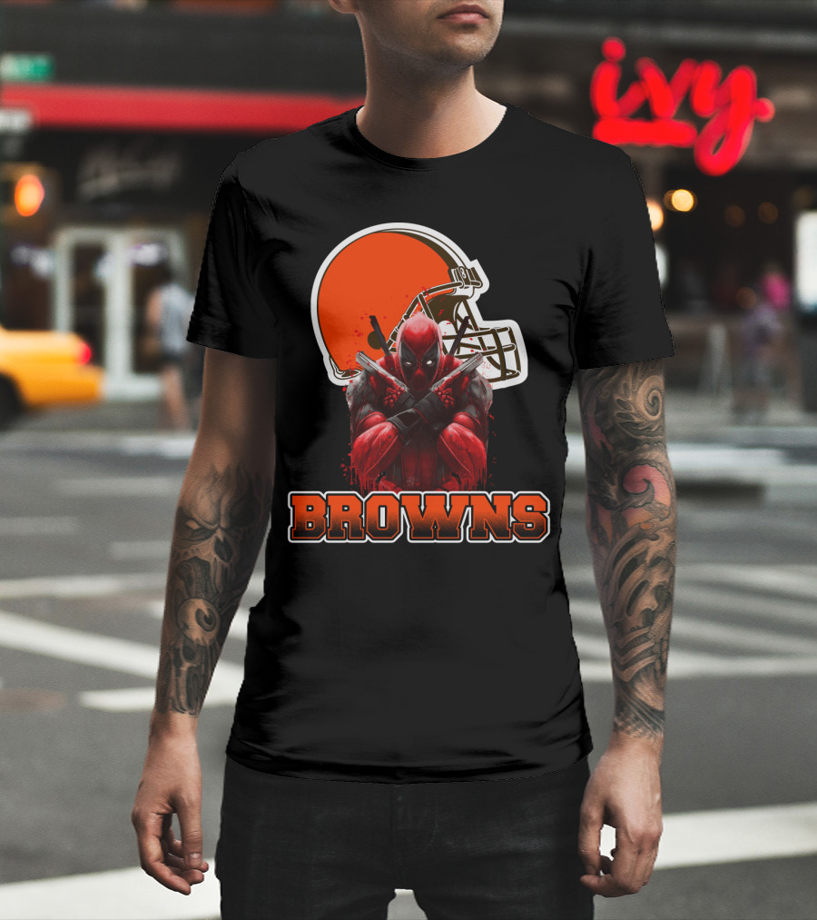 Cleveland Browns And Deadpool Crossover With Iconic Helmet And Character T-Shirt
