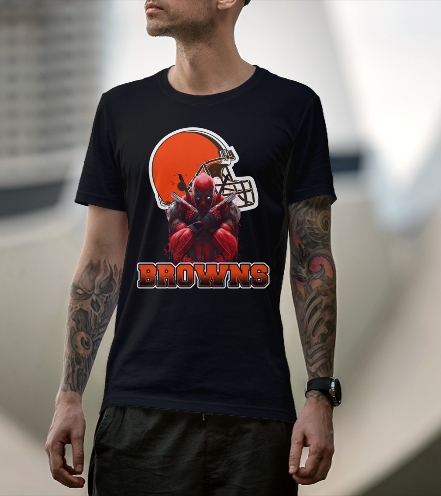 Cleveland Browns And Deadpool Crossover With Iconic Helmet And Character T-Shirt