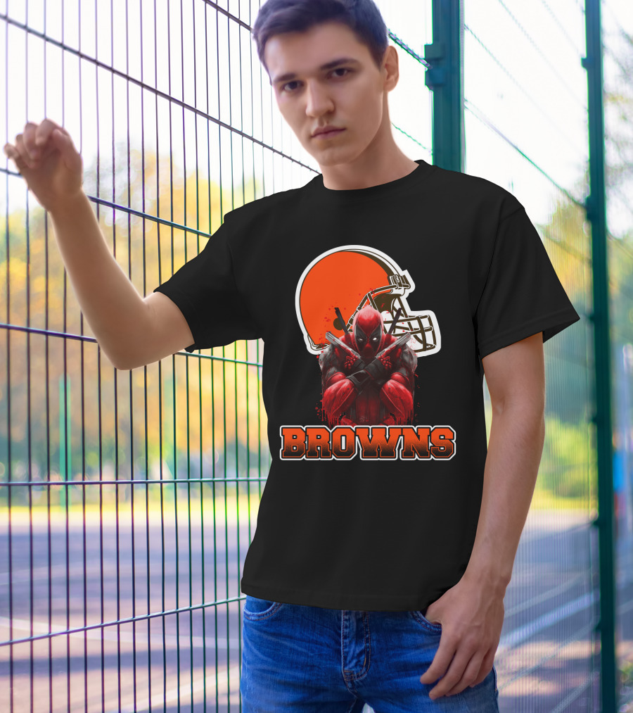 Cleveland Browns And Deadpool Crossover With Iconic Helmet And Character T-Shirt