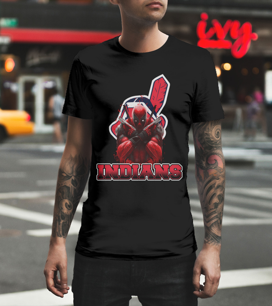 Indians Deadpool Crossover With Baseball Feather T-Shirt