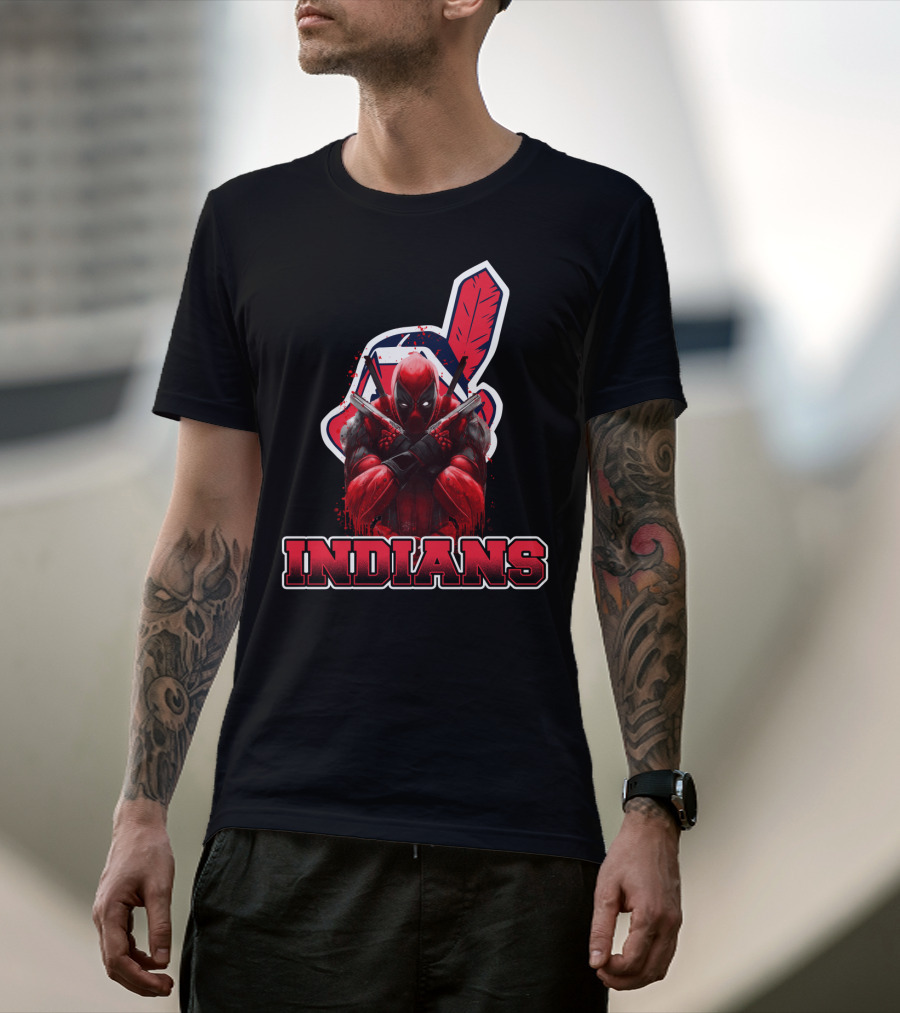 Indians Deadpool Crossover With Baseball Feather T-Shirt