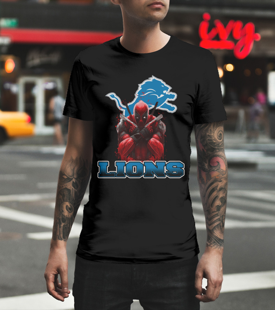 Detroit Lions Deadpool Crossover Fans Blue Lion T-Shirt