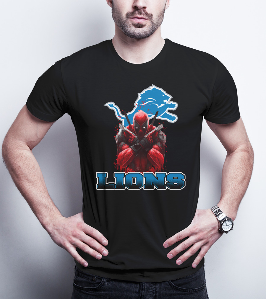 Detroit Lions Deadpool Crossover Fans Blue Lion T-Shirt