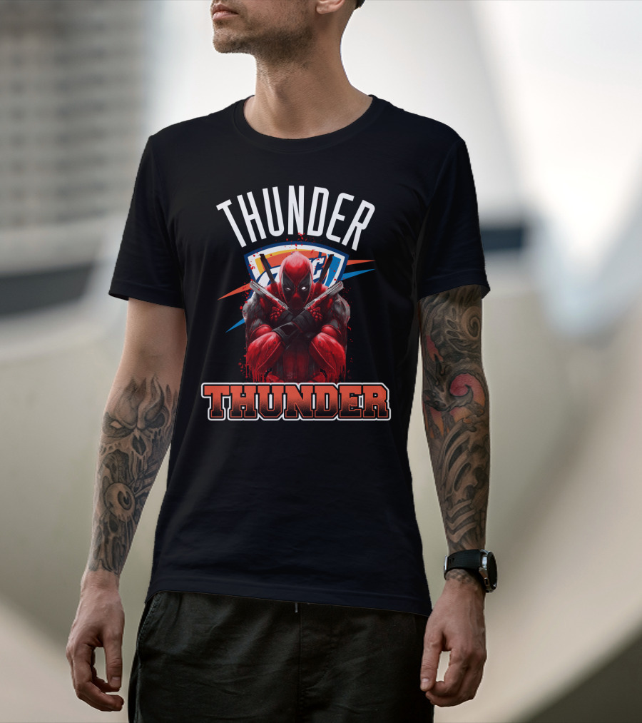 Thunder Crossover With Iconic Marvel Character On Oklahoma City Background T-Shirt