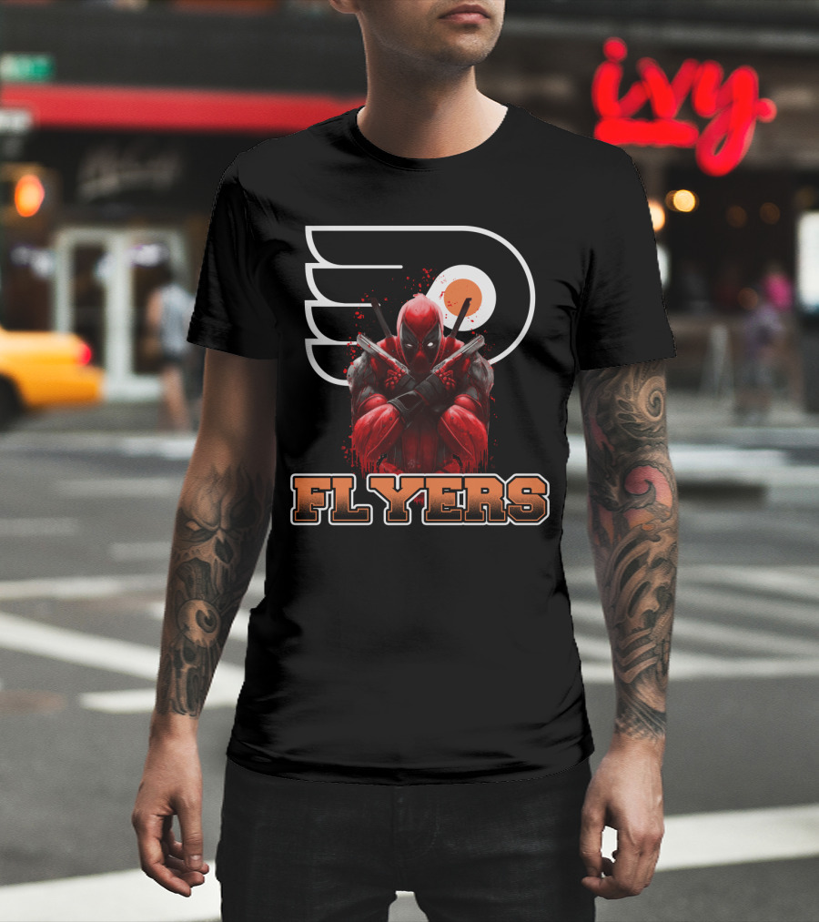 Philadelphia Flyers Deadpool Mashup With Iconic Hockey Logo And Character Crossover T-Shirt