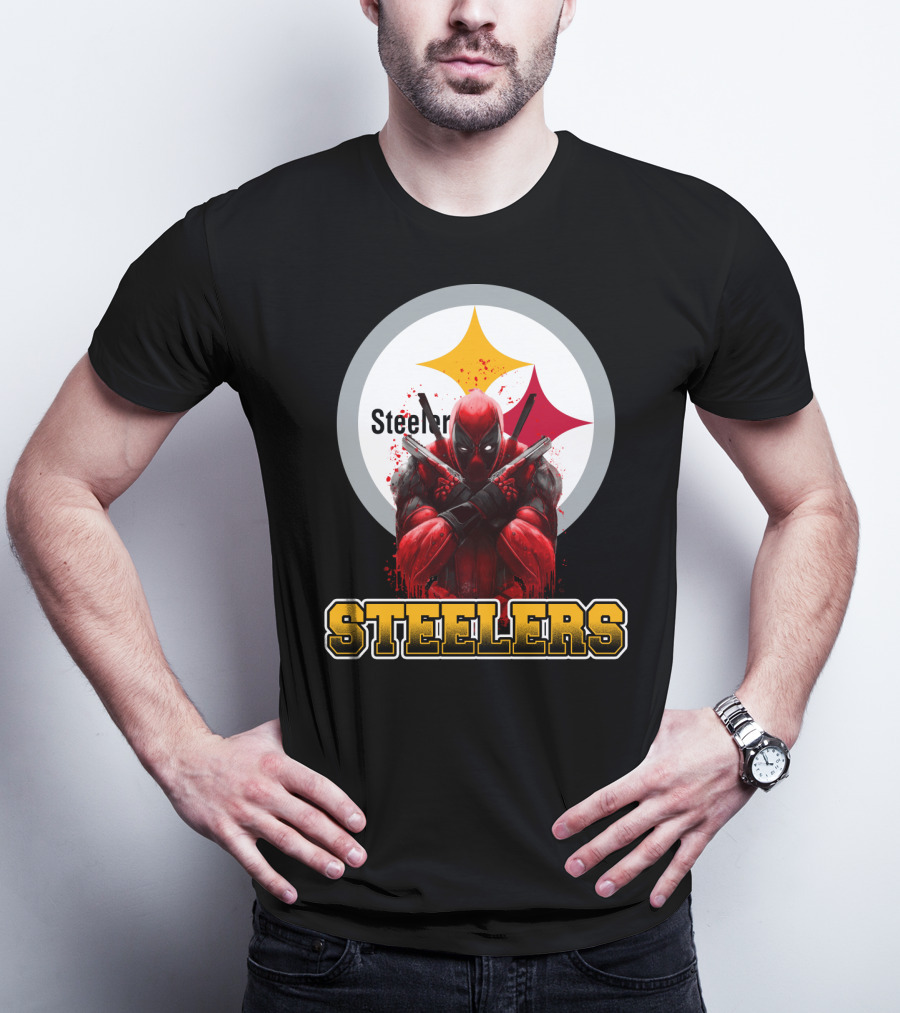 Steelers Deadpool Crossover With Pittsburgh Steelers Logo And Character Pose T-Shirt