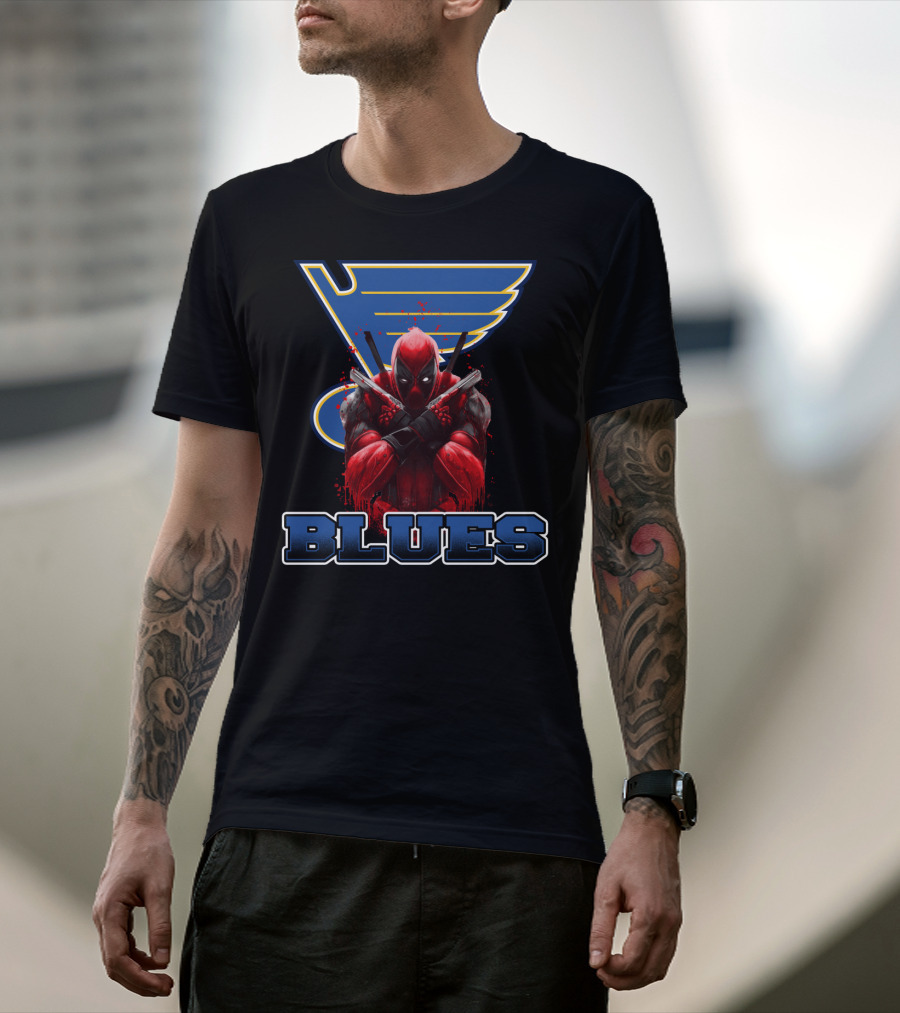 St. Louis Blues And Deadpool Crossover Fan Art With Iconic Blue And Yellow Hockey T-Shirt