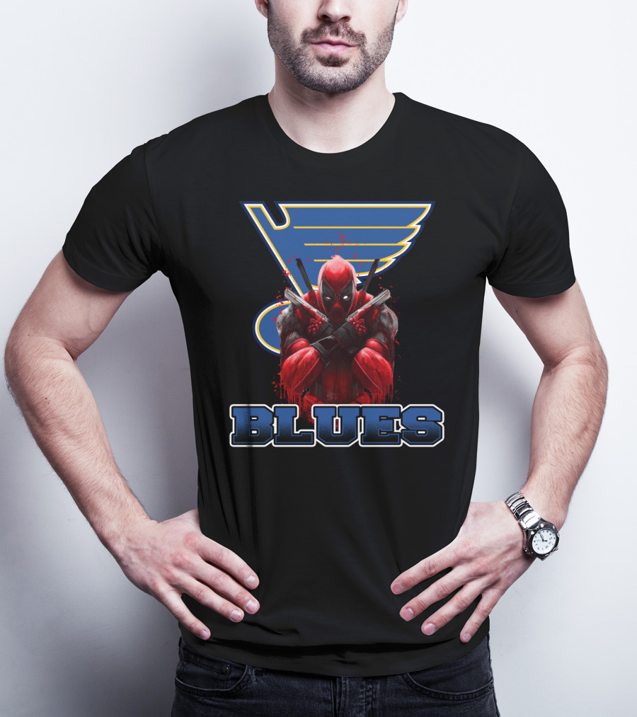 St. Louis Blues And Deadpool Crossover Fan Art With Iconic Blue And Yellow Hockey T-Shirt