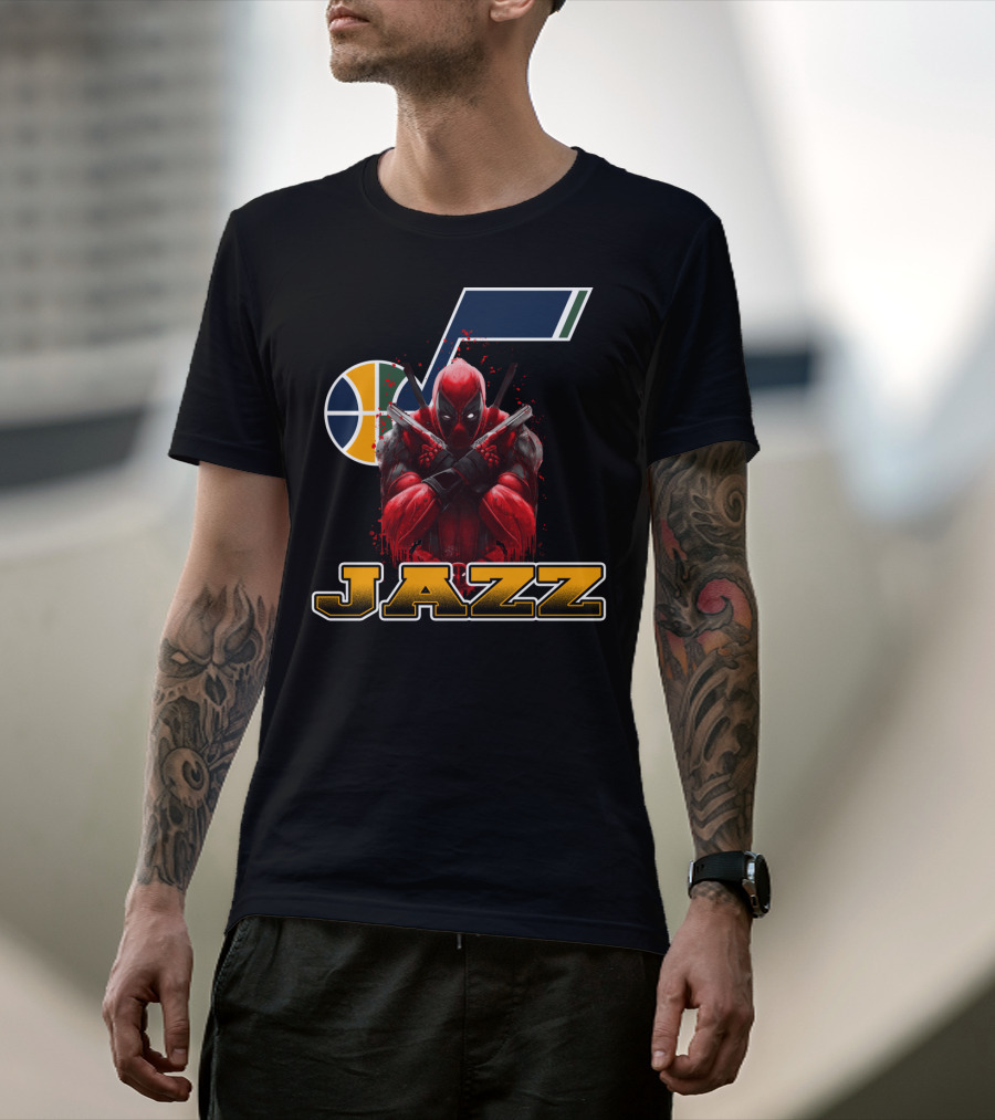 Utah Jazz NBA Logo With Deadpool Character Crossover For Fans T-Shirt