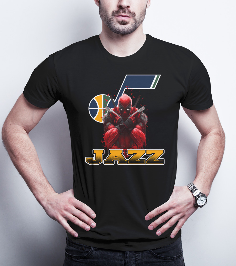 Utah Jazz NBA Logo With Deadpool Character Crossover For Fans T-Shirt