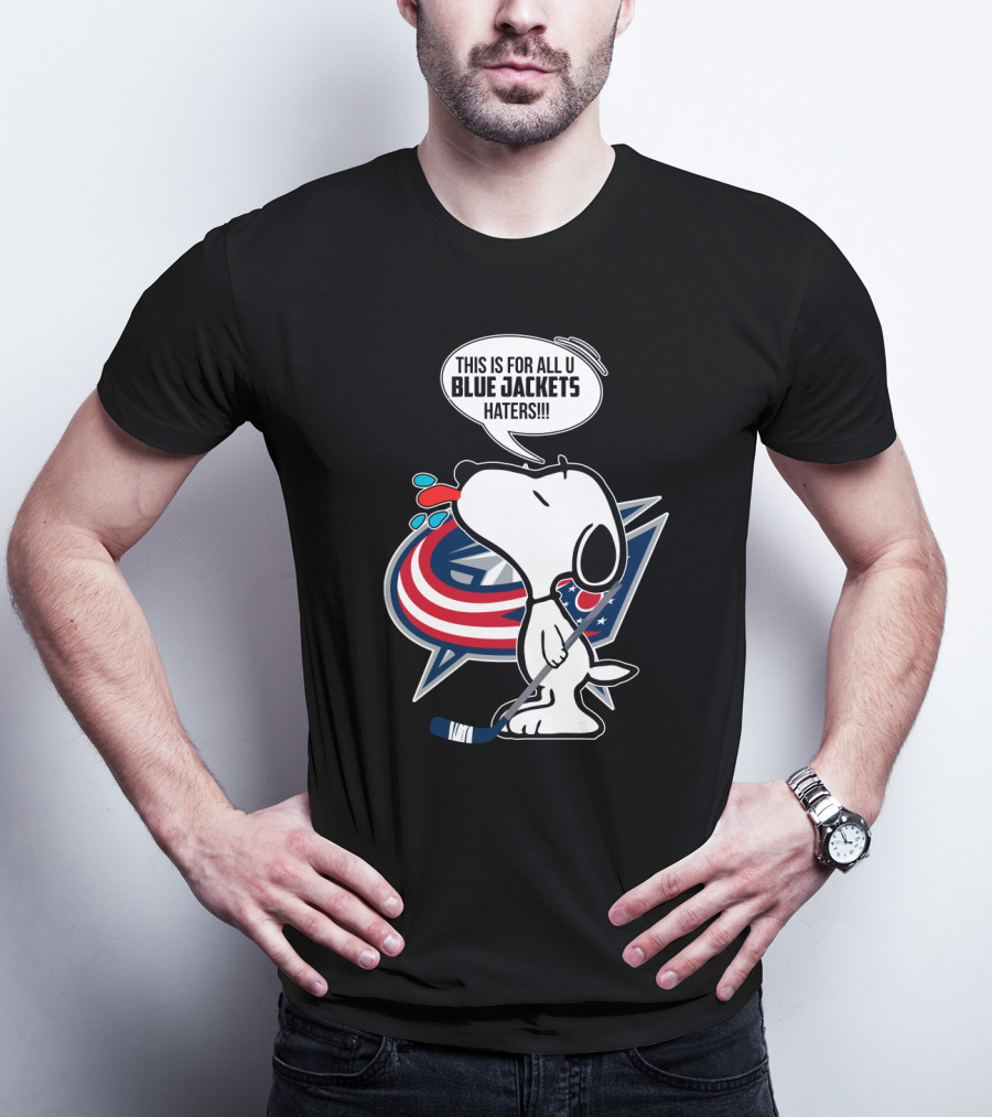 Snoopy With Columbus Blue Jackets Logo And Hockey Stick - Blue Jackets Haters Phrase T-Shirt