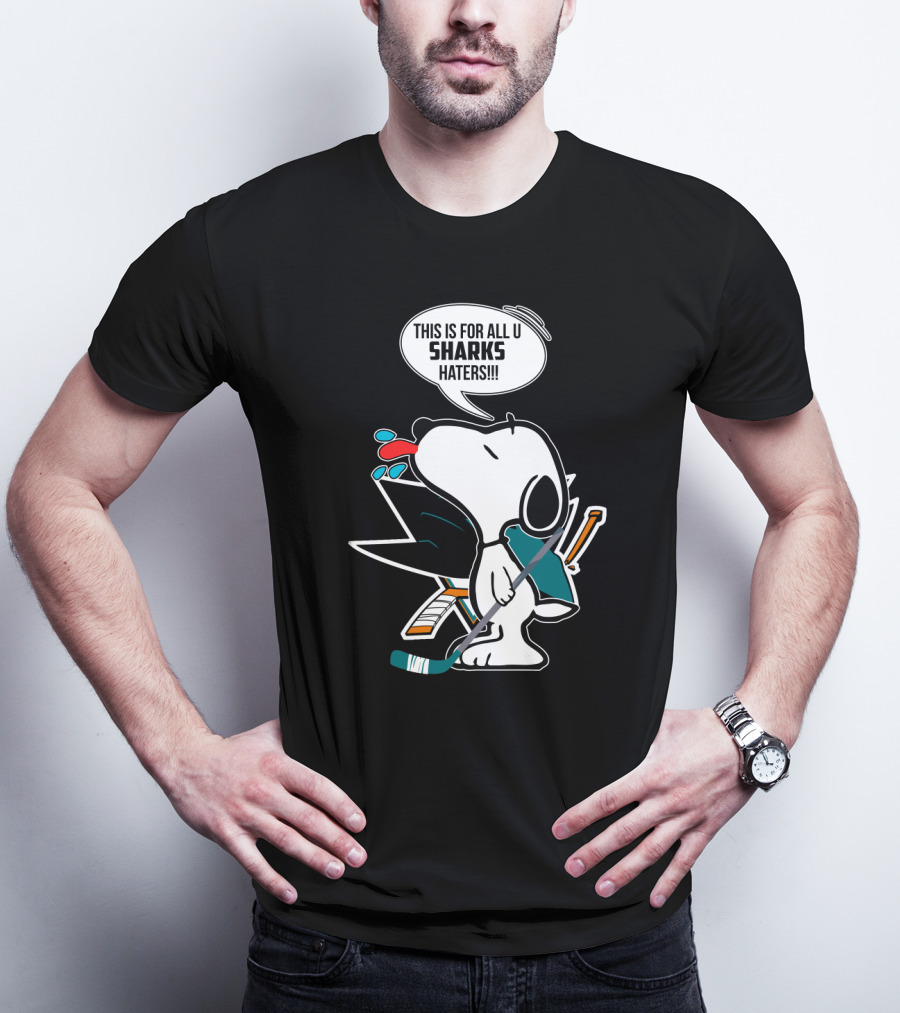 Snoopy Hockey Fan Defends San Jose Sharks Haters With Hockey Stick And Speech Bubble T-Shirt