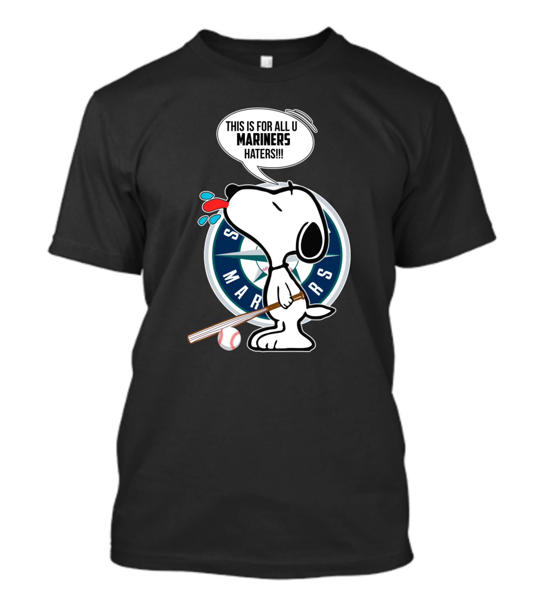Snoopy And Seattle Mariners Logo With Baseball Bat And Mariners Haters Speech Bubble T-Shirt