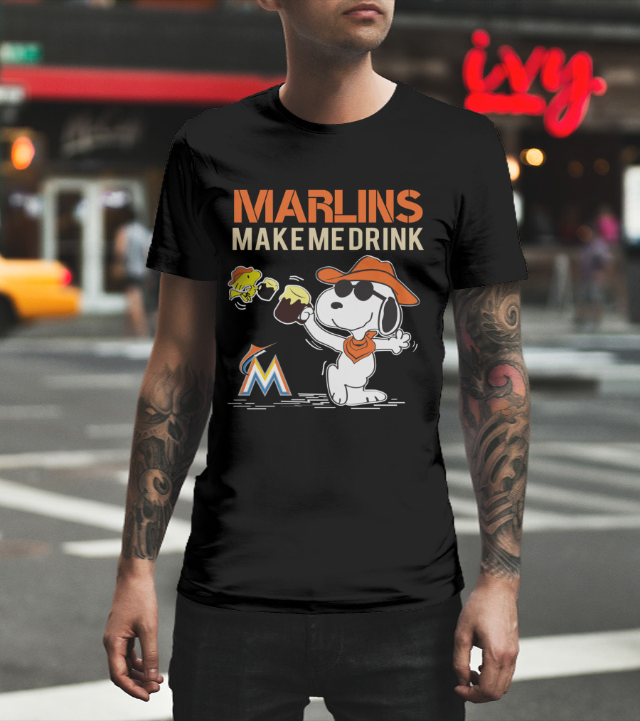 Marlins Make Me Drink Snoopy With Miami Marlins Logo And Beer Toast T-Shirt