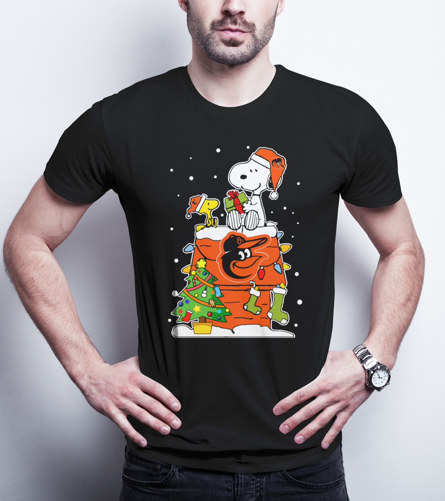 Baltimore Orioles Christmas Snoopy With Woodstock And Santa Hat T-Shirt
