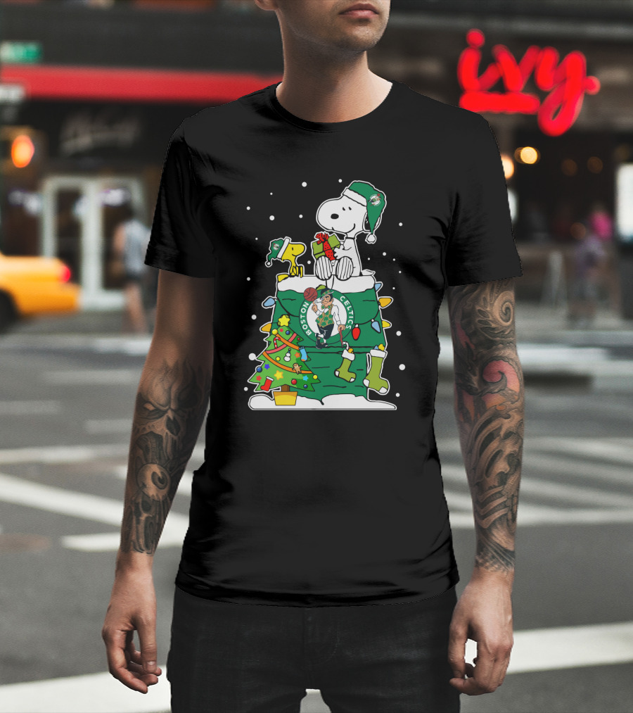 Boston Celtics Christmas Tree Snoopy And Woodstock Fan Favorite T-Shirt