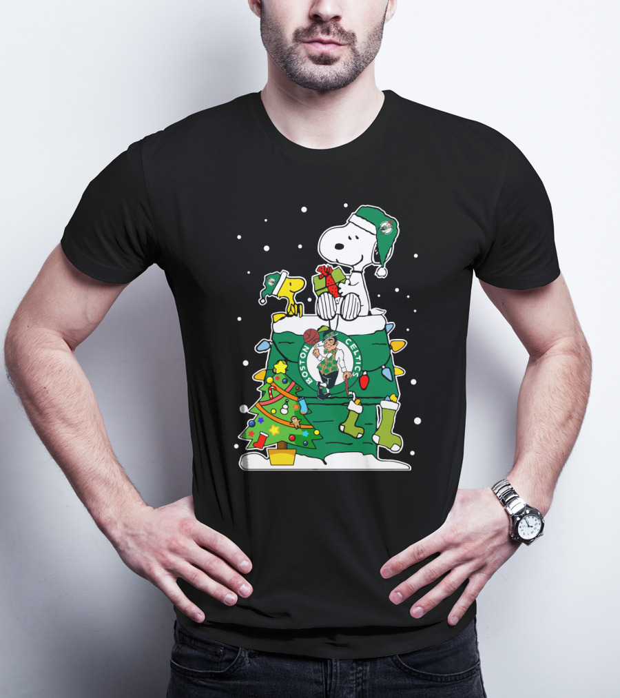 Boston Celtics Christmas Tree Snoopy And Woodstock Fan Favorite T-Shirt