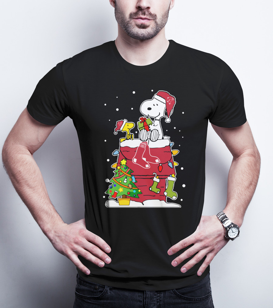 Boston Red Sox Christmas Snoopy Santa Hat With Woodstock Holiday Scene T-Shirt