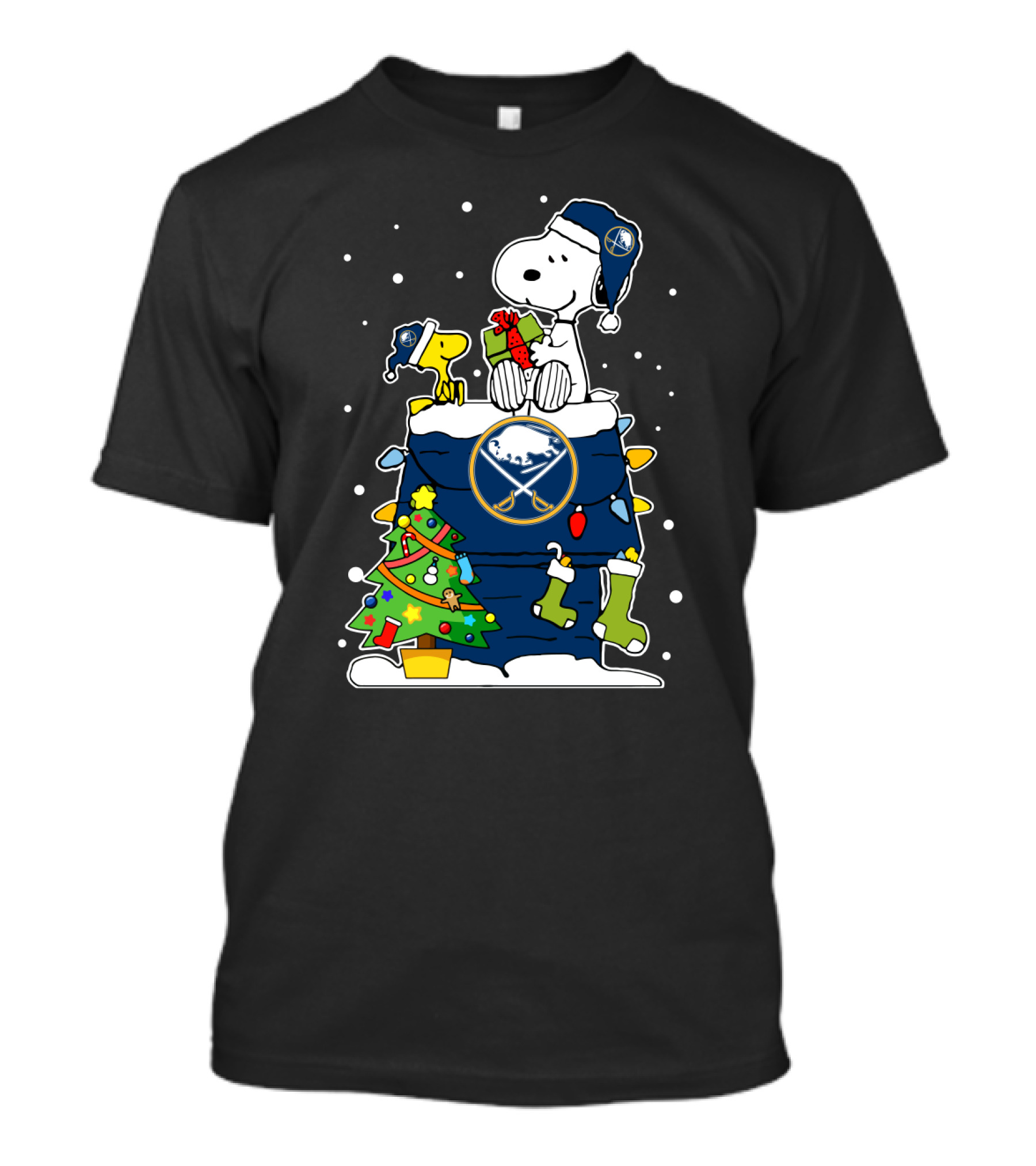 Buffalo Sabres Snoopy Christmas Gift With Woodstock And Holiday Tree T-Shirt