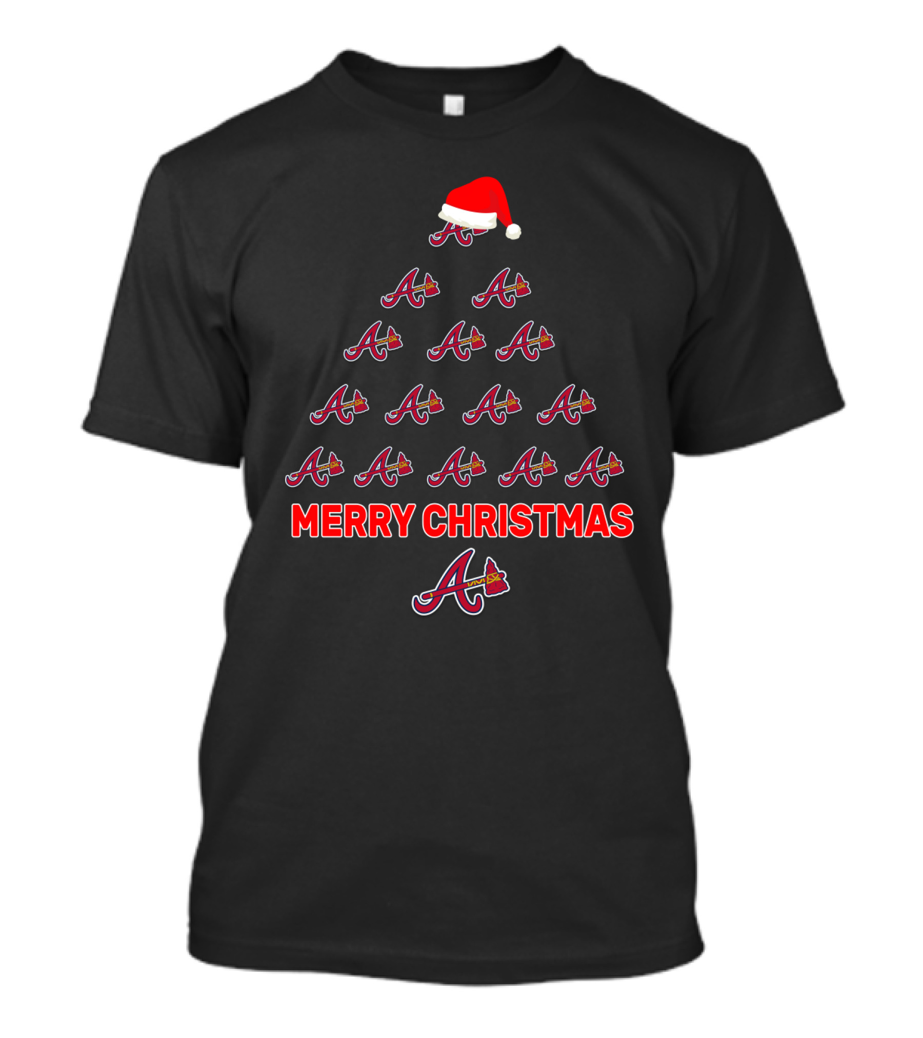 Merry Christmas Atlanta Braves Logo Tree With Santa Hat T-Shirt