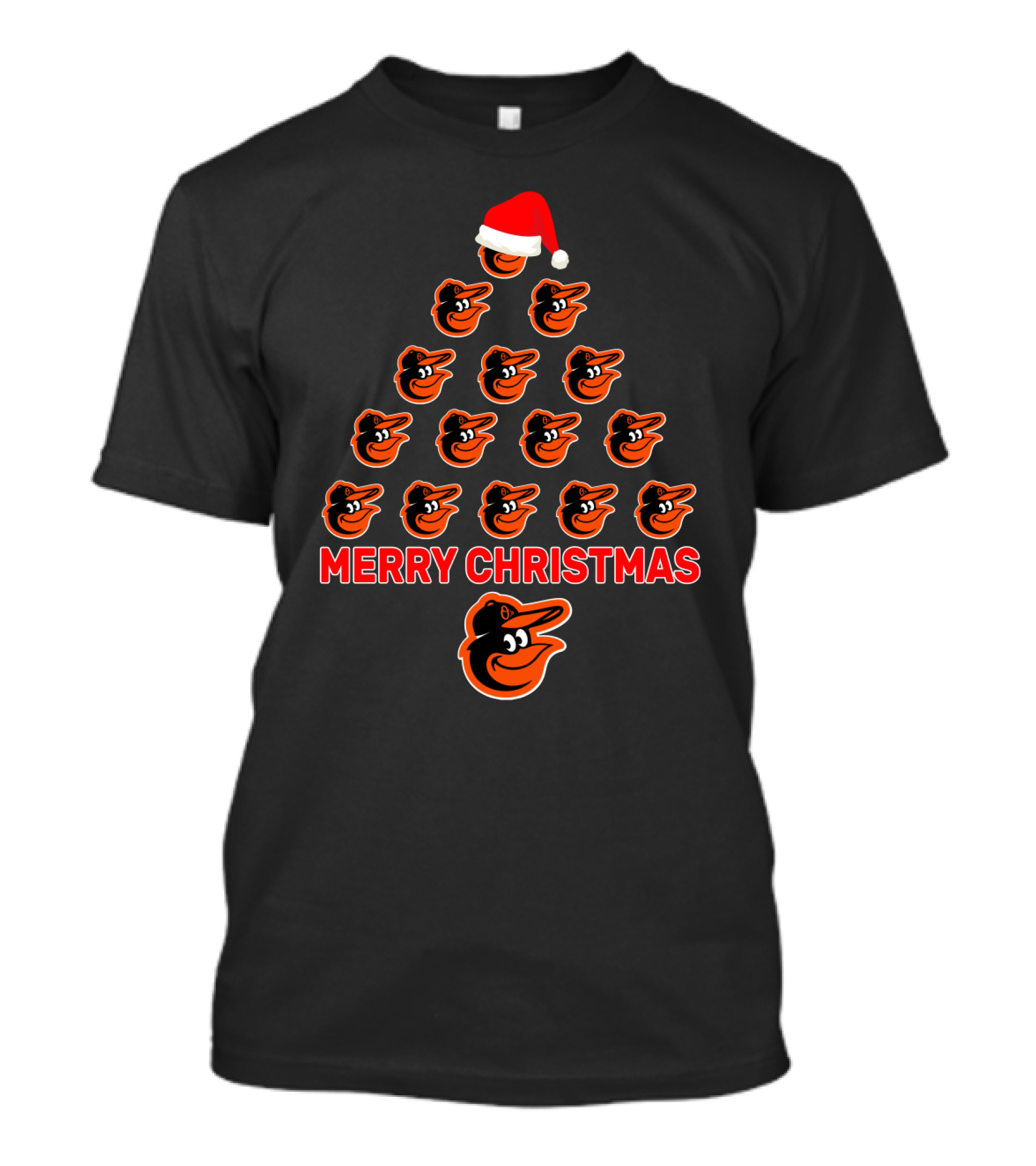 Merry Christmas Baltimore Orioles Tree With Team Logo And Santa Hat T-Shirt