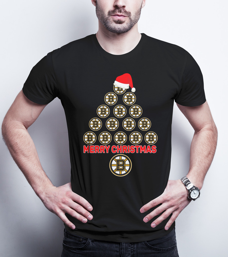 Merry Christmas Boston Bruins Tree Santa Hat T-Shirt