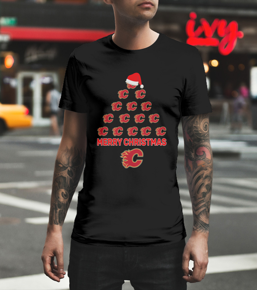 Calgary Flames Merry Christmas Tree With Santa Hat T-Shirt