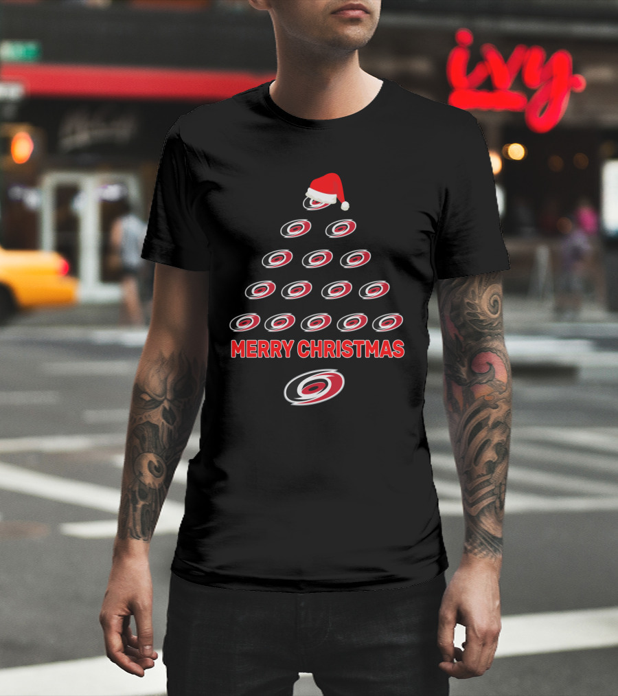 Merry Christmas Carolina Hurricanes Logo Christmas Tree With Santa Hat T-Shirt