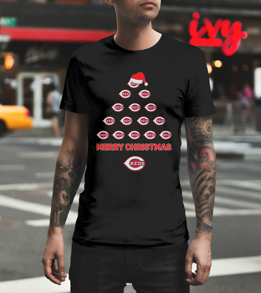 Merry Christmas Cincinnati Reds Logos In Tree Formation With Santa Hat T-Shirt