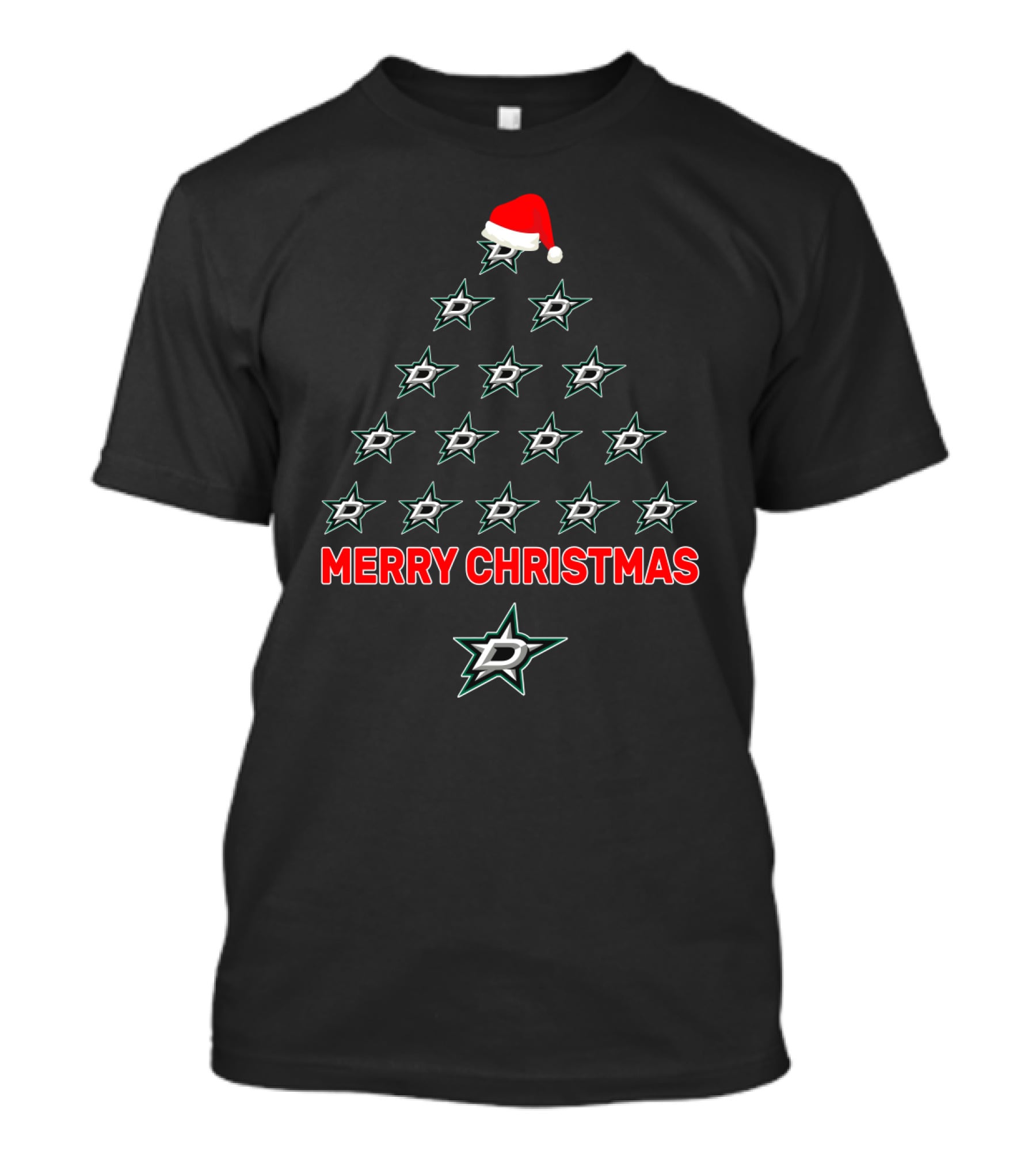 Dallas Stars Merry Christmas Tree With Santa Hat T-Shirt