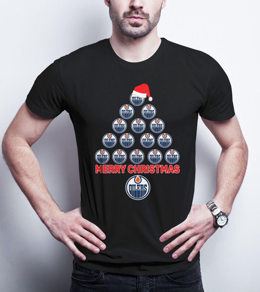 Merry Christmas Edmonton Oilers Tree With Logos And Santa Hat T-Shirt