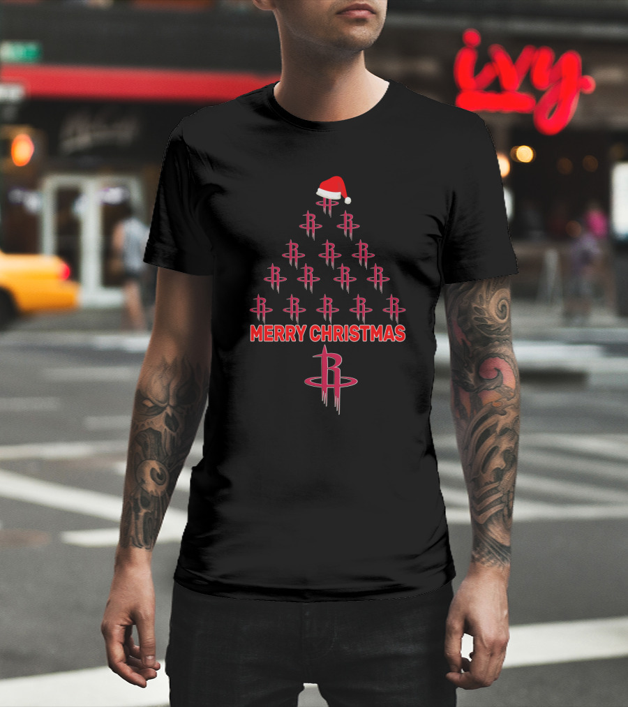 Merry Christmas Tree For Houston Rockets Fans With Santa Hat T-Shirt