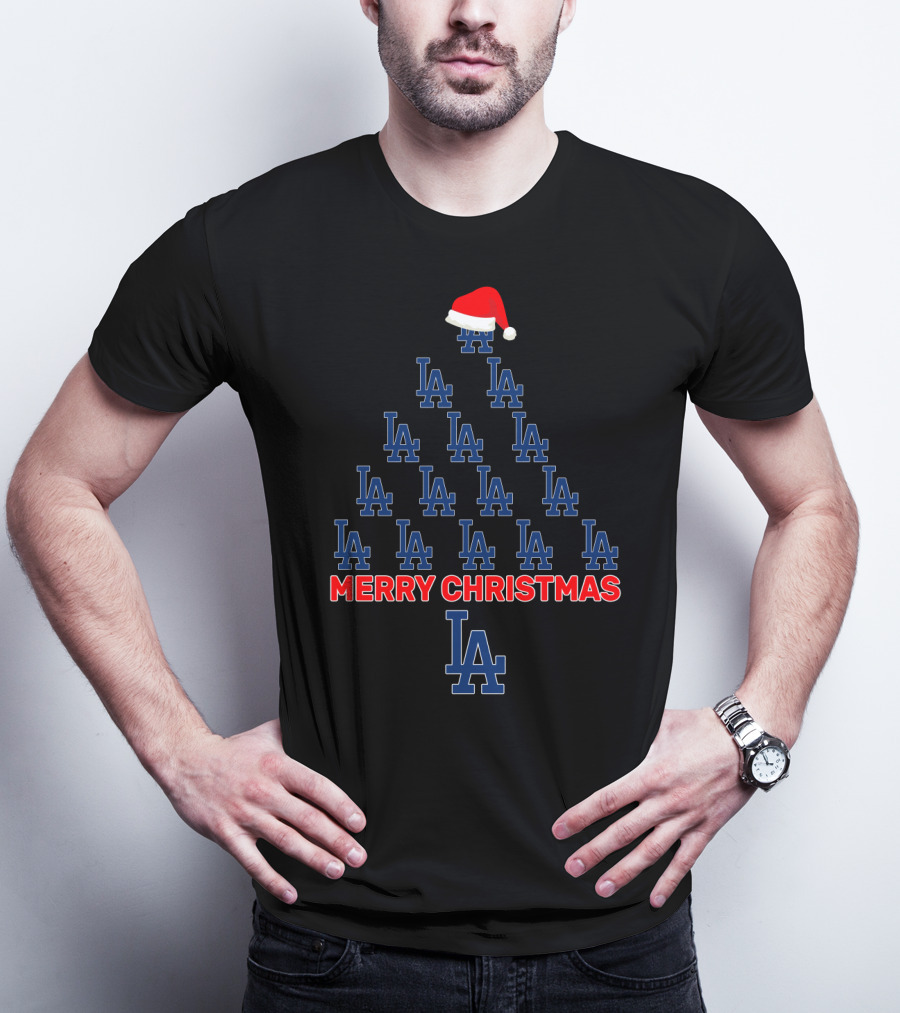 Merry Christmas LA Dodgers Tree With Santa Hat T-Shirt