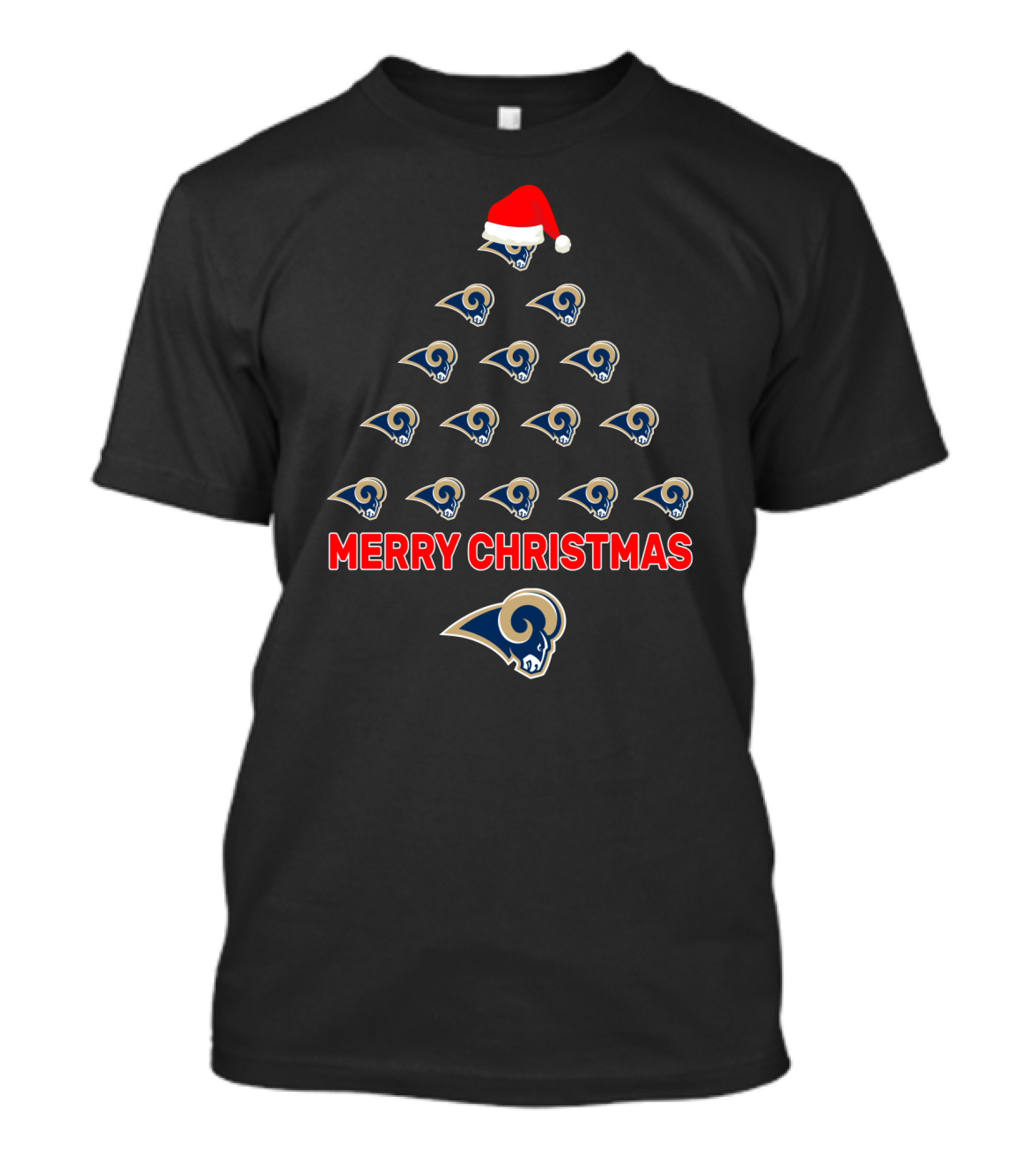 Merry Christmas Los Angeles Rams Tree With Santa Hat For Fans T-Shirt