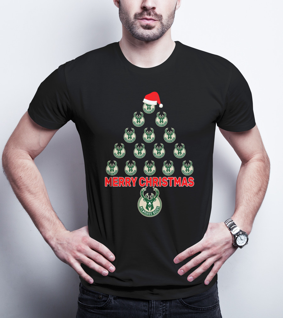 Milwaukee Bucks Merry Christmas Tree Santa Hat T-Shirt