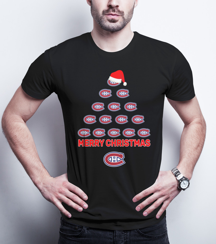 Merry Christmas Montreal Canadiens Tree With Logos And Santa Hat T-Shirt