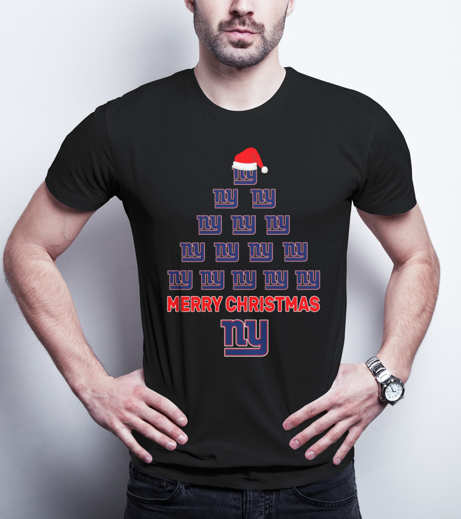 Ny Giants Merry Christmas Tree With Logos And Santa Hat T-Shirt