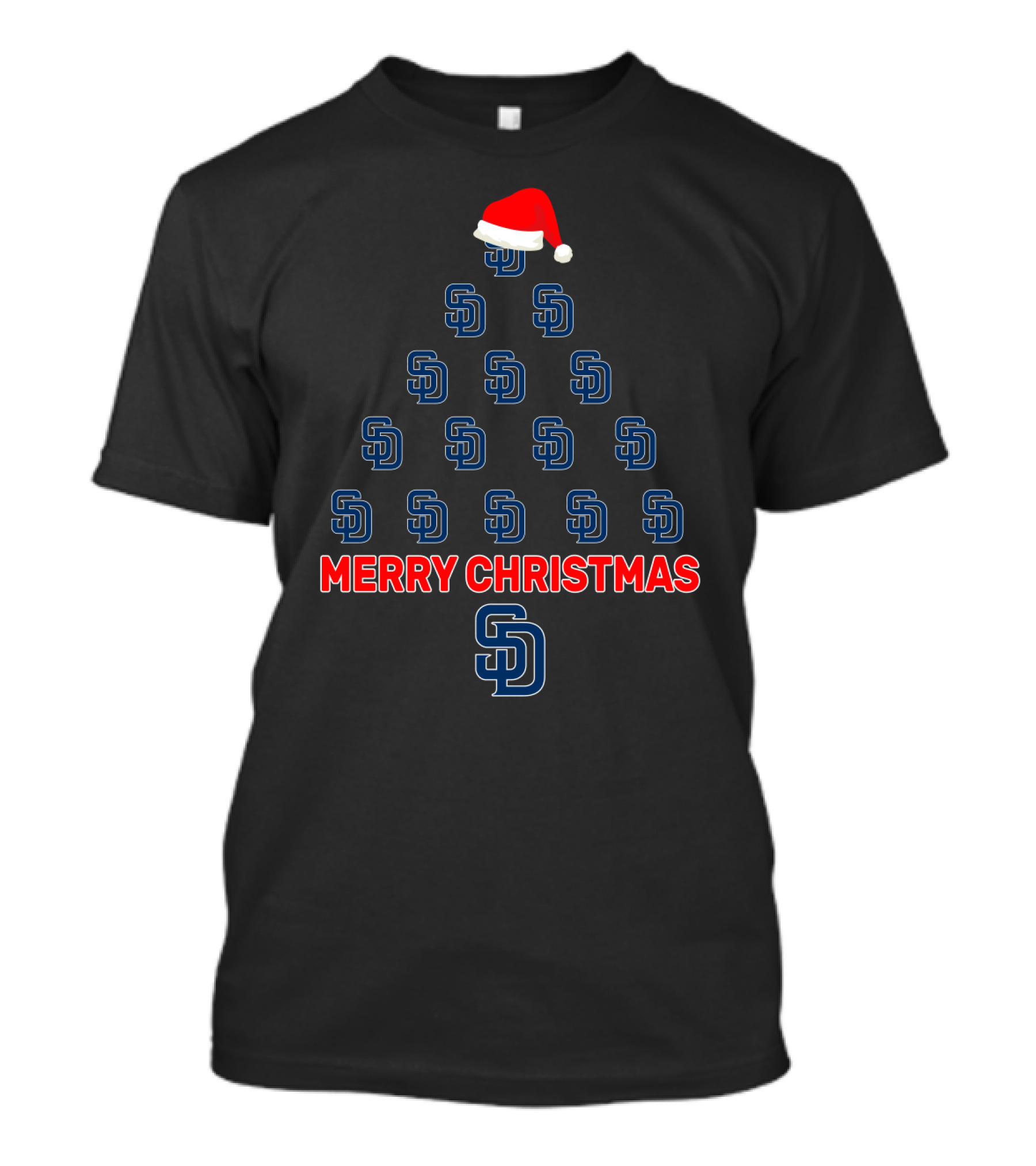 Merry Christmas San Diego Padres Fans With Santa Hat Tree Formation T-Shirt