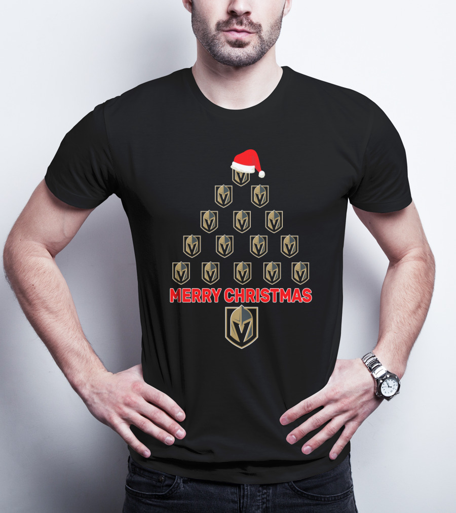 Merry Christmas Vegas Golden Knights Fans Tree With Santa Hat T-Shirt