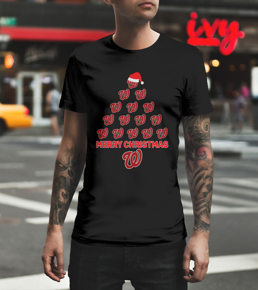 Washington Nationals Merry Christmas Tree With Santa Hat T-Shirt