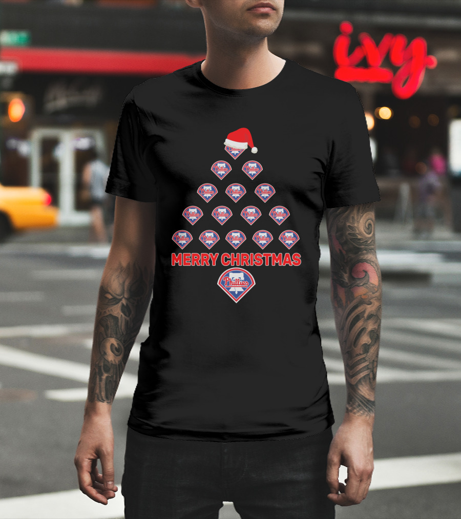 Philadelphia Phillies Logos Merry Christmas Tree With Santa Hat T-Shirt