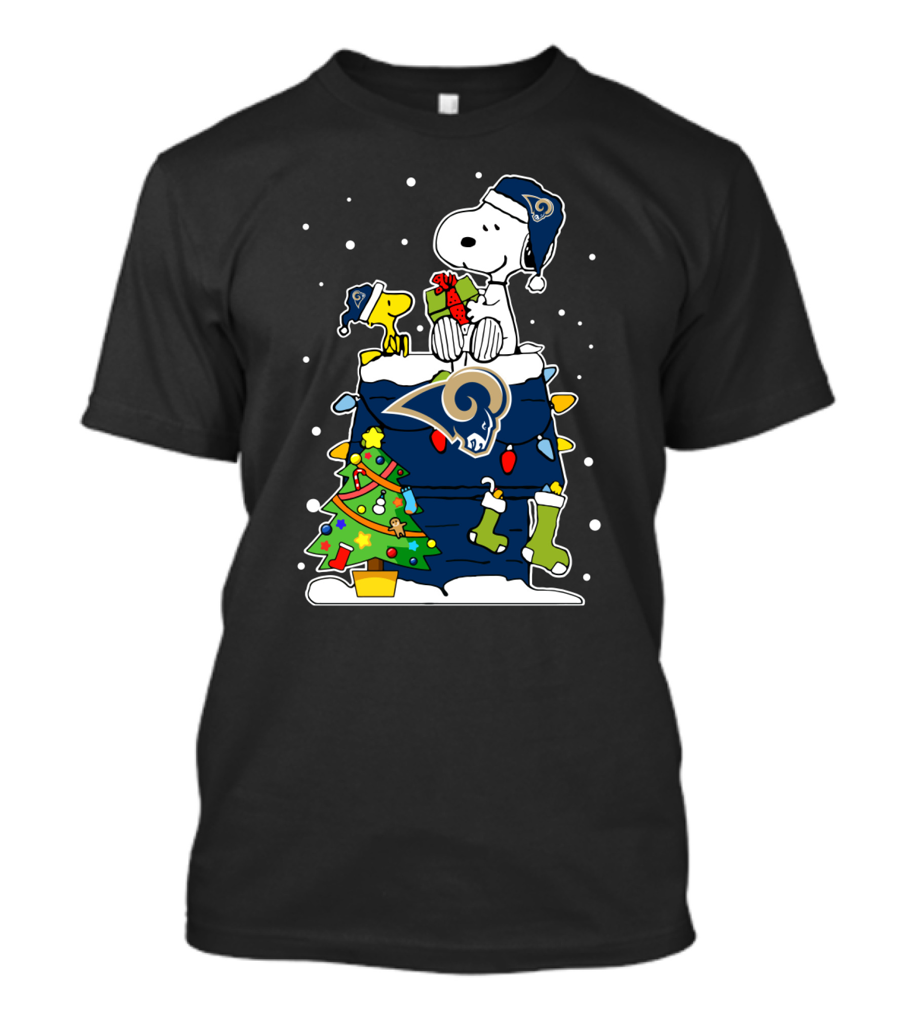 Los Angeles Rams Snoopy And Woodstock Christmas Rooftop Scene T-Shirt