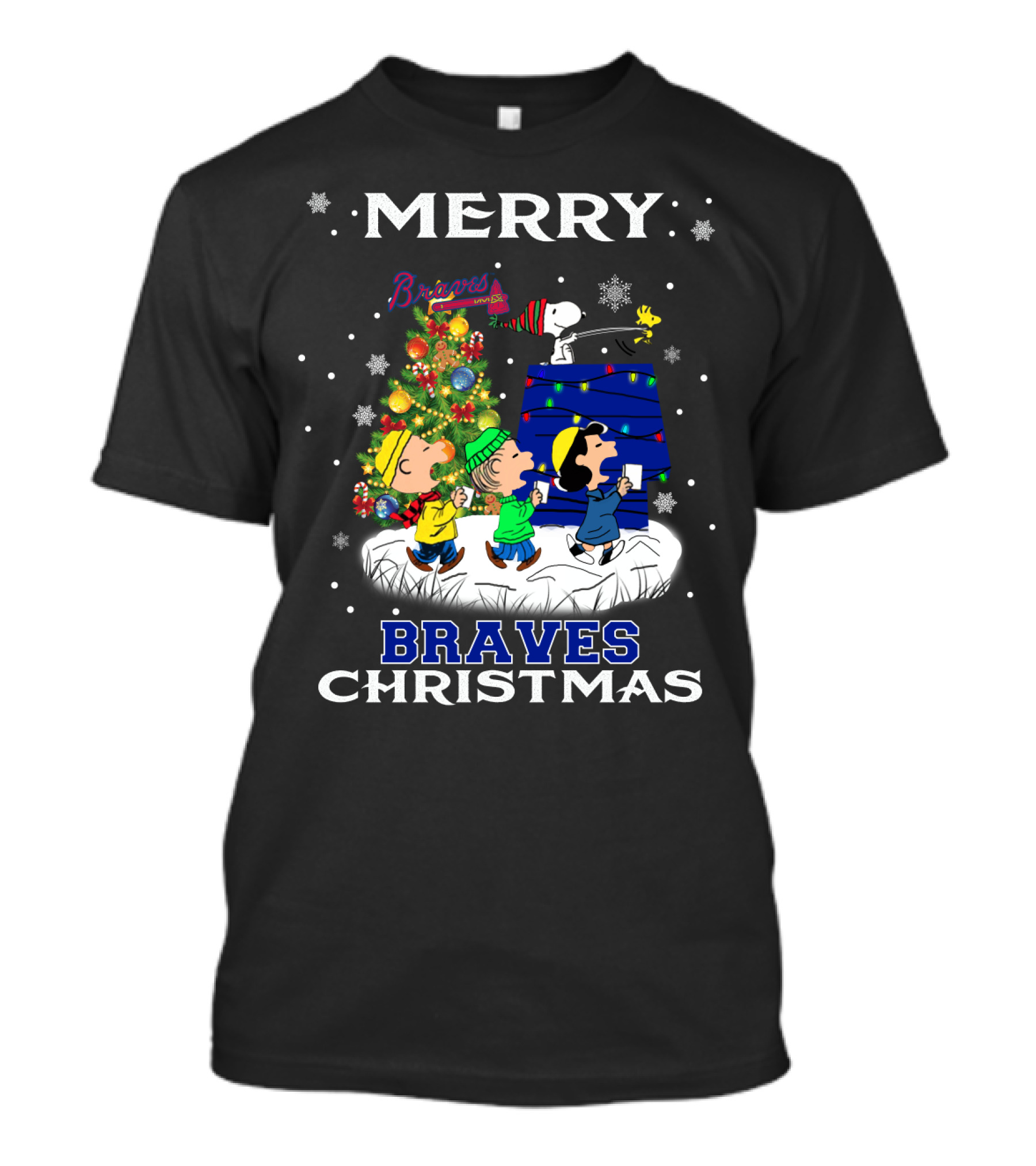 Merry Braves Christmas Featuring Snoopy And Peanuts Characters With Atlanta Braves T-Shirt