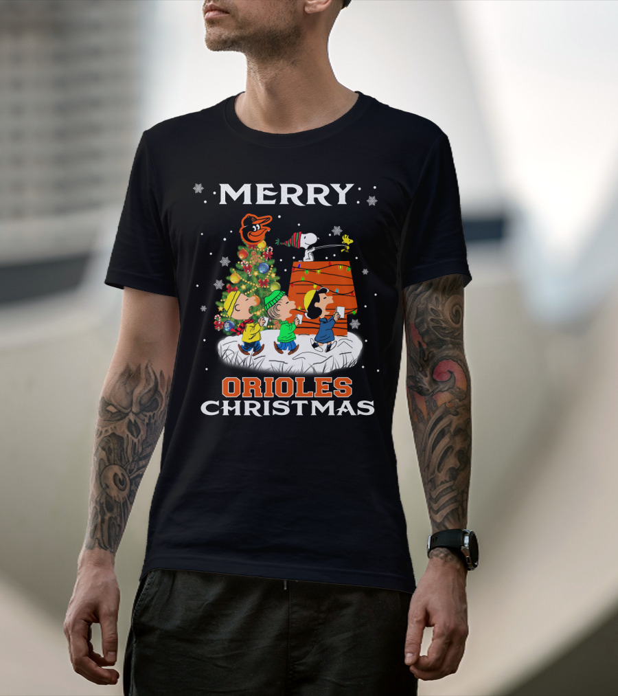 Merry Orioles Christmas Featuring Snoopy And Friends With Baltimore Logo And Festive Tree T-Shirt