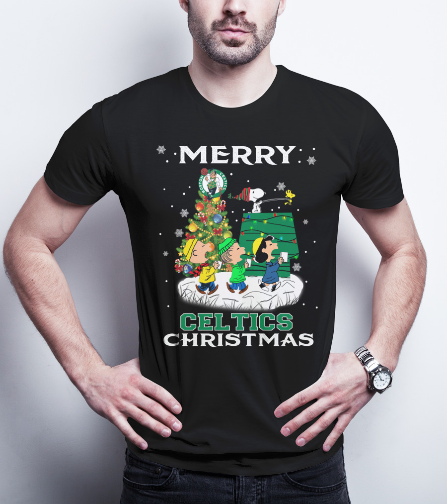 Merry Celtics Christmas Featuring Snoopy And Peanuts Gang T-Shirt