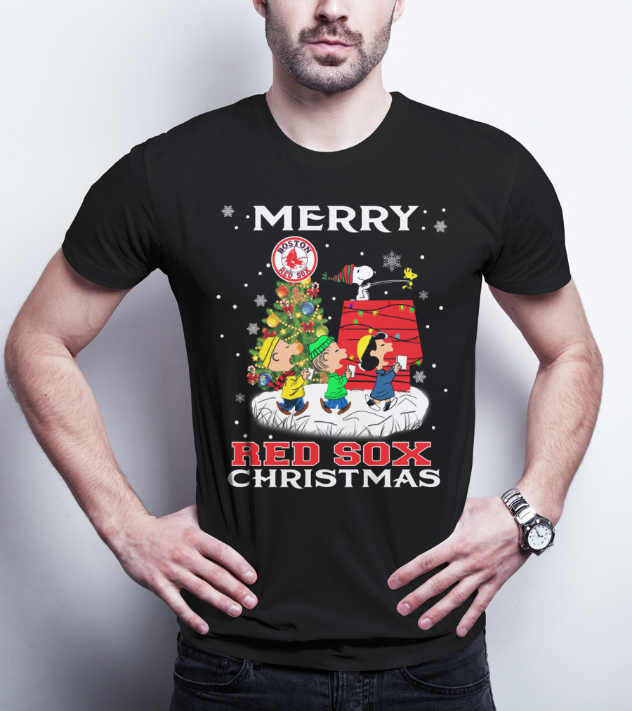 Merry Boston Red Sox Christmas Snoopy And Peanuts Characters Festive Holiday Scene T-Shirt