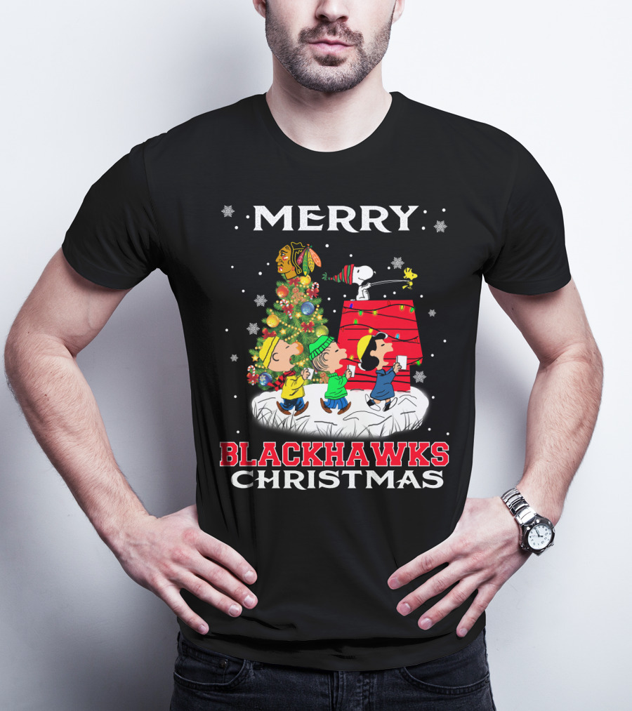 Merry Blackhawks Christmas Featuring Snoopy Woodstock And Friends With Chicago Blackhawks T-Shirt
